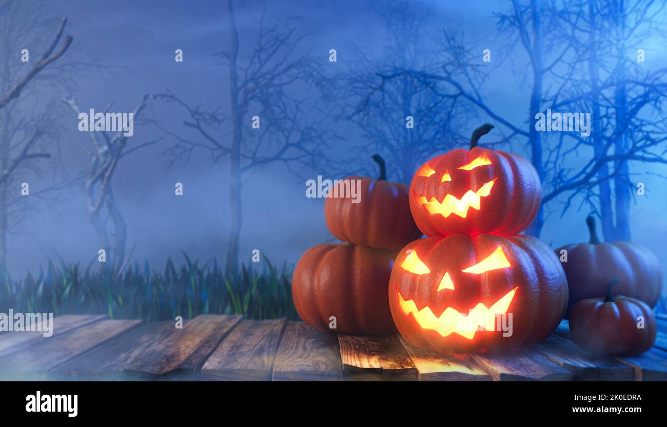 One spooky halloween pumpkin, Jack O Lantern, with an evil face and ...