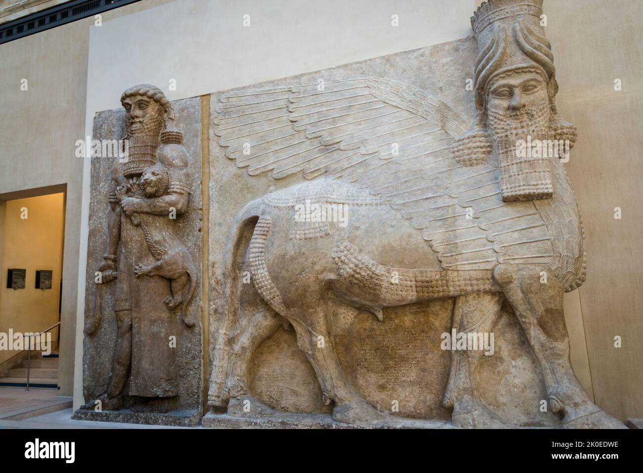 Assyrian lamassu (Human-headed winged bull); circa 713–716 BC; 4.2 x 4. ...