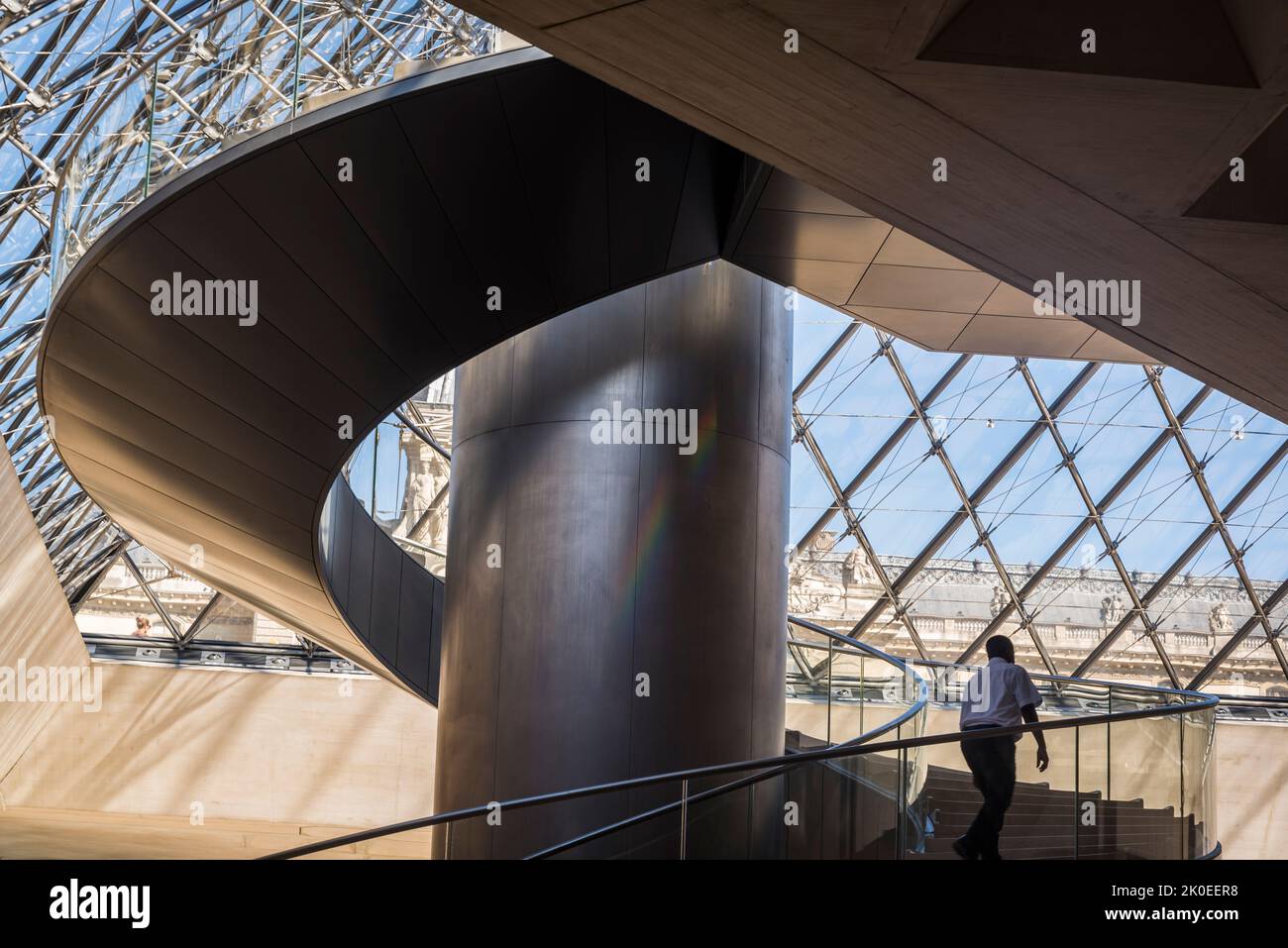 Curved staircase in the underground lobby of the Louvre pyramid of the ...