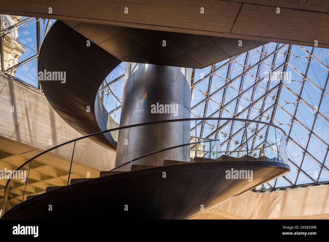 Curved staircase in the underground lobby of the Louvre pyramid of the ...