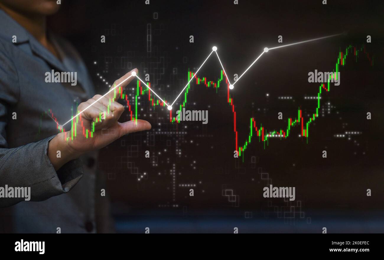 Woman business and trader pointing stock chart, stock graph analysis to ...