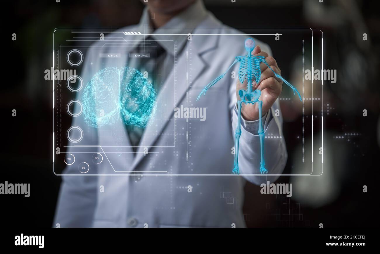 Woman doctor point ing and touching HUD screen with futuristic advance ...