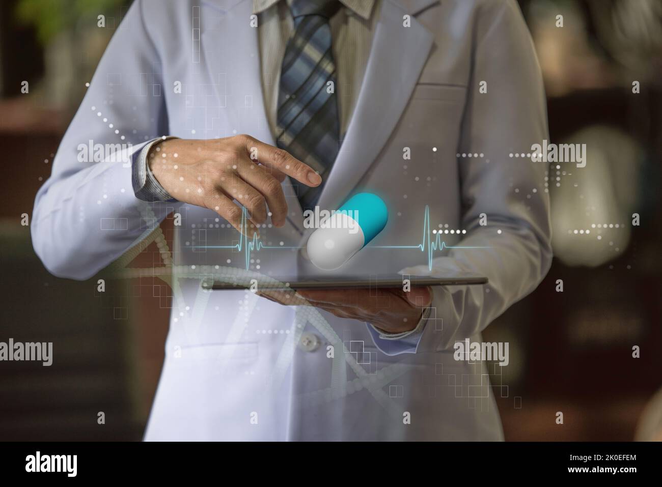 Woman doctor holding smart device with holographic medication Stock ...