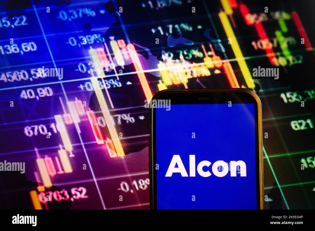 KONSKIE, POLAND - September 10, 2022: Smartphone displaying logo of Alcon company on stock ...
