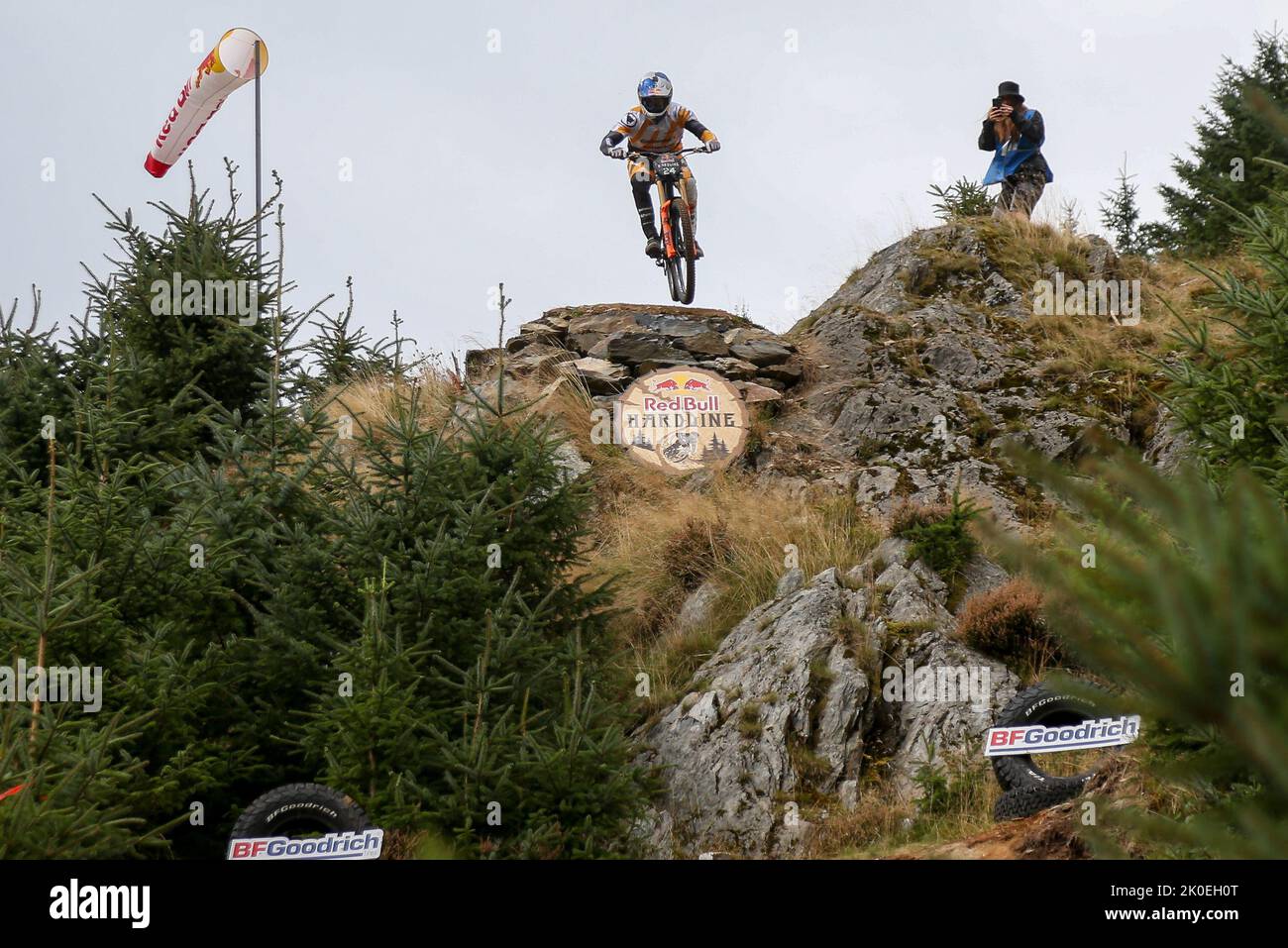 EDITORIAL USE ONLY Gee Atherton riding in the Red Bull Hardline downhill mountain bike race at ...