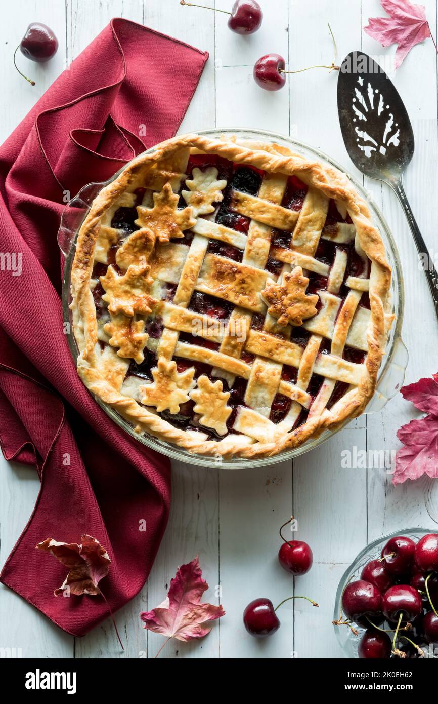 Top down view of a freshly baked lattice cherry pie ready for serving ...