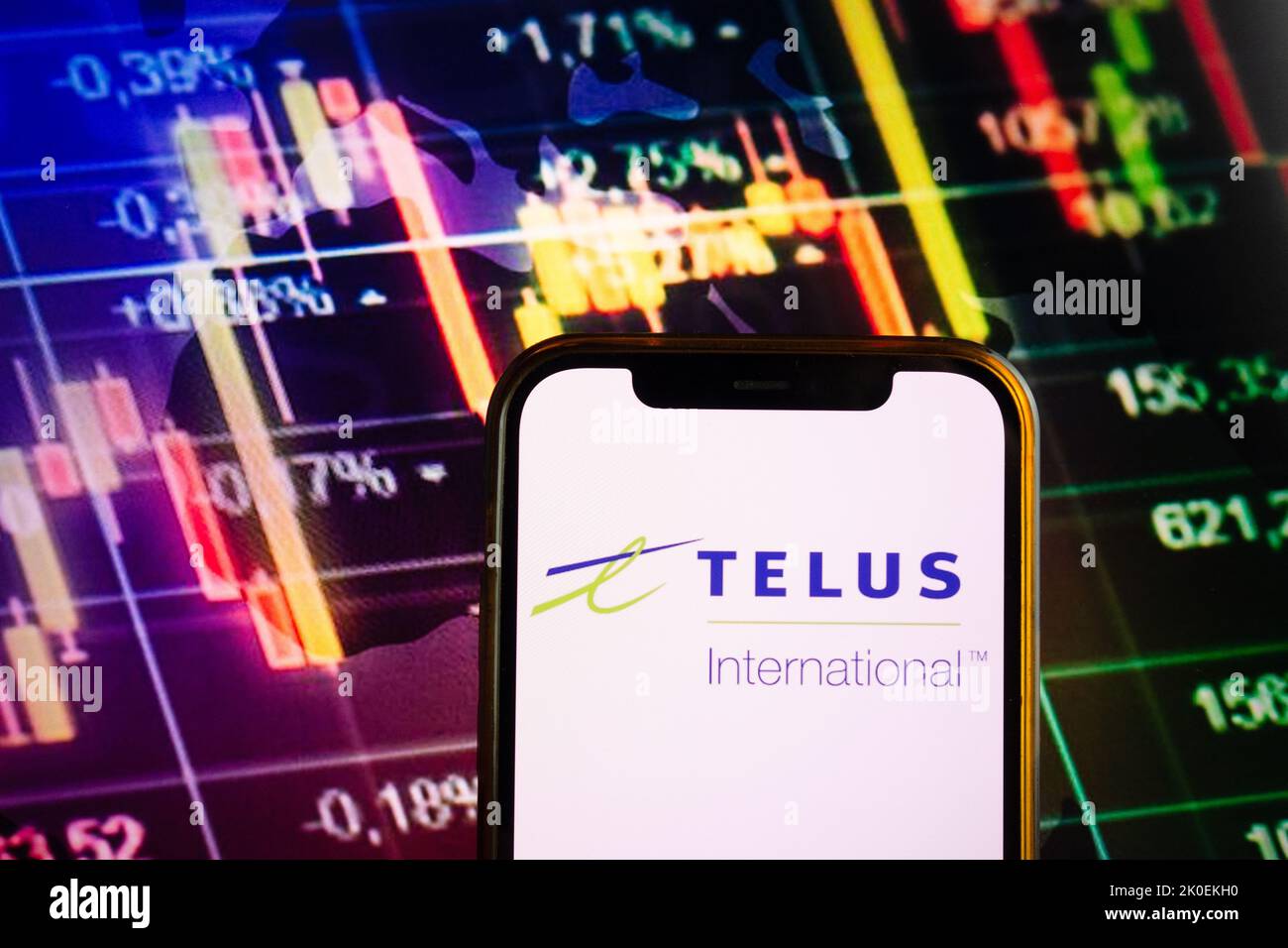KONSKIE, POLAND - September 10, 2022: Smartphone displaying logo of Telus company on stock ...