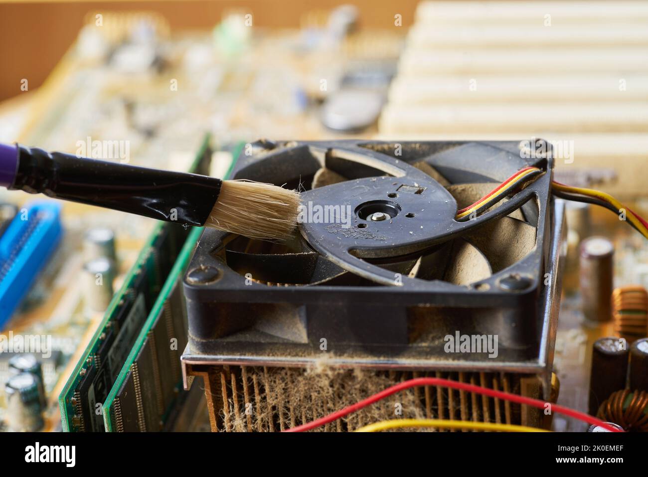 Brush cleaning an old computer board from dust and dirt. Close-up Stock ...