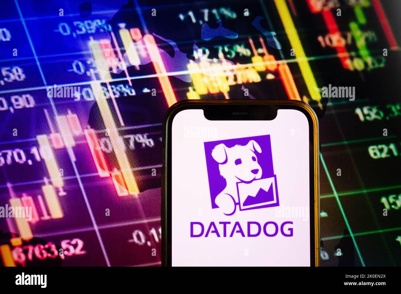 KONSKIE, POLAND - September 10, 2022: Smartphone displaying logo of Datadog company on stock ...
