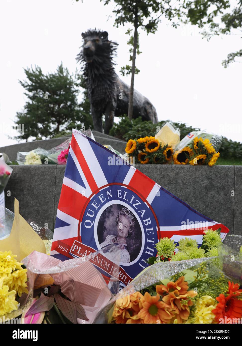 Floral tributes at Aslan statue in CS Lewis Square in east Belfast ...