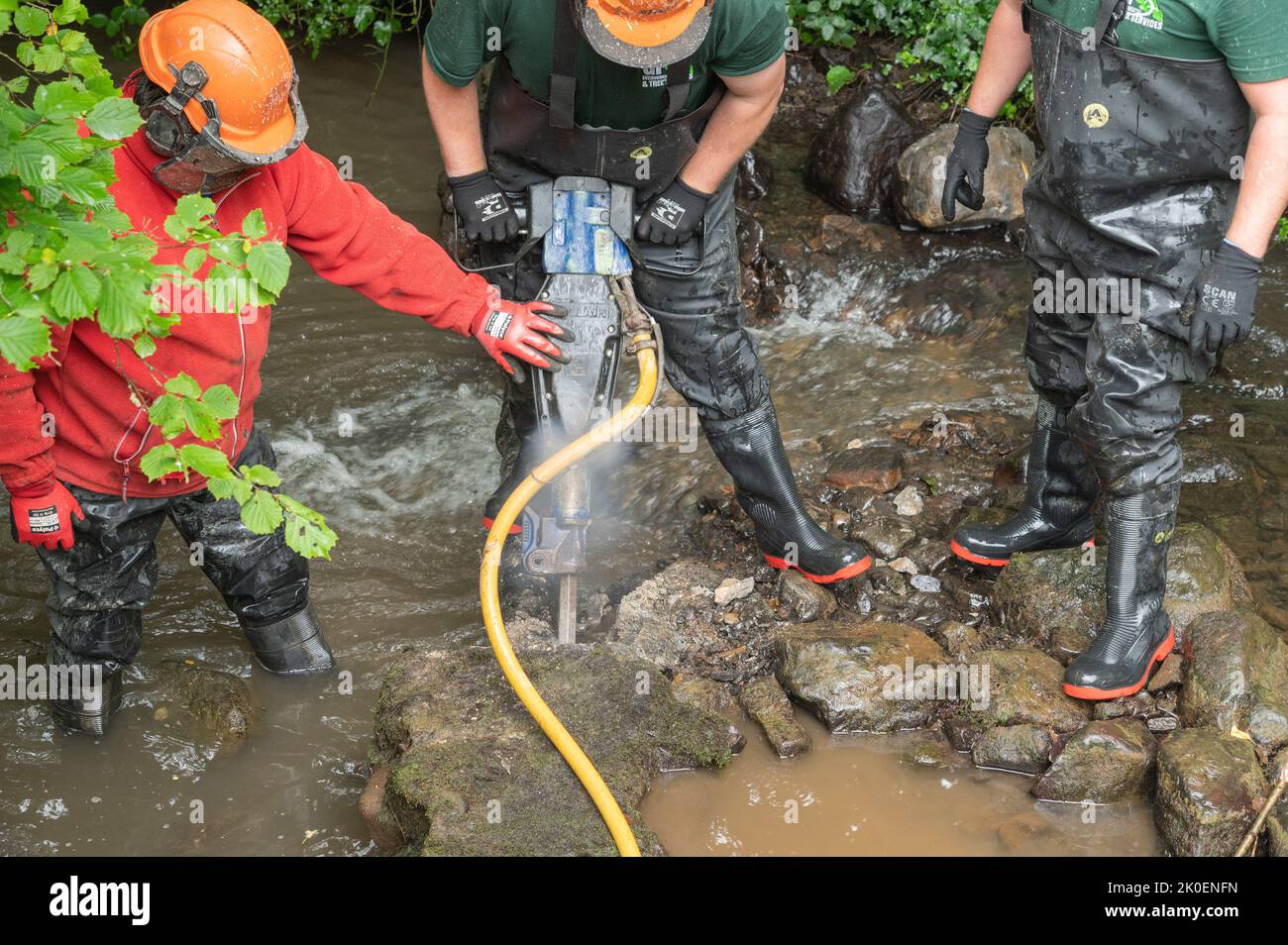 Breaking up concrete weir on the Afon Goch, Gwendraeth Fawr ...