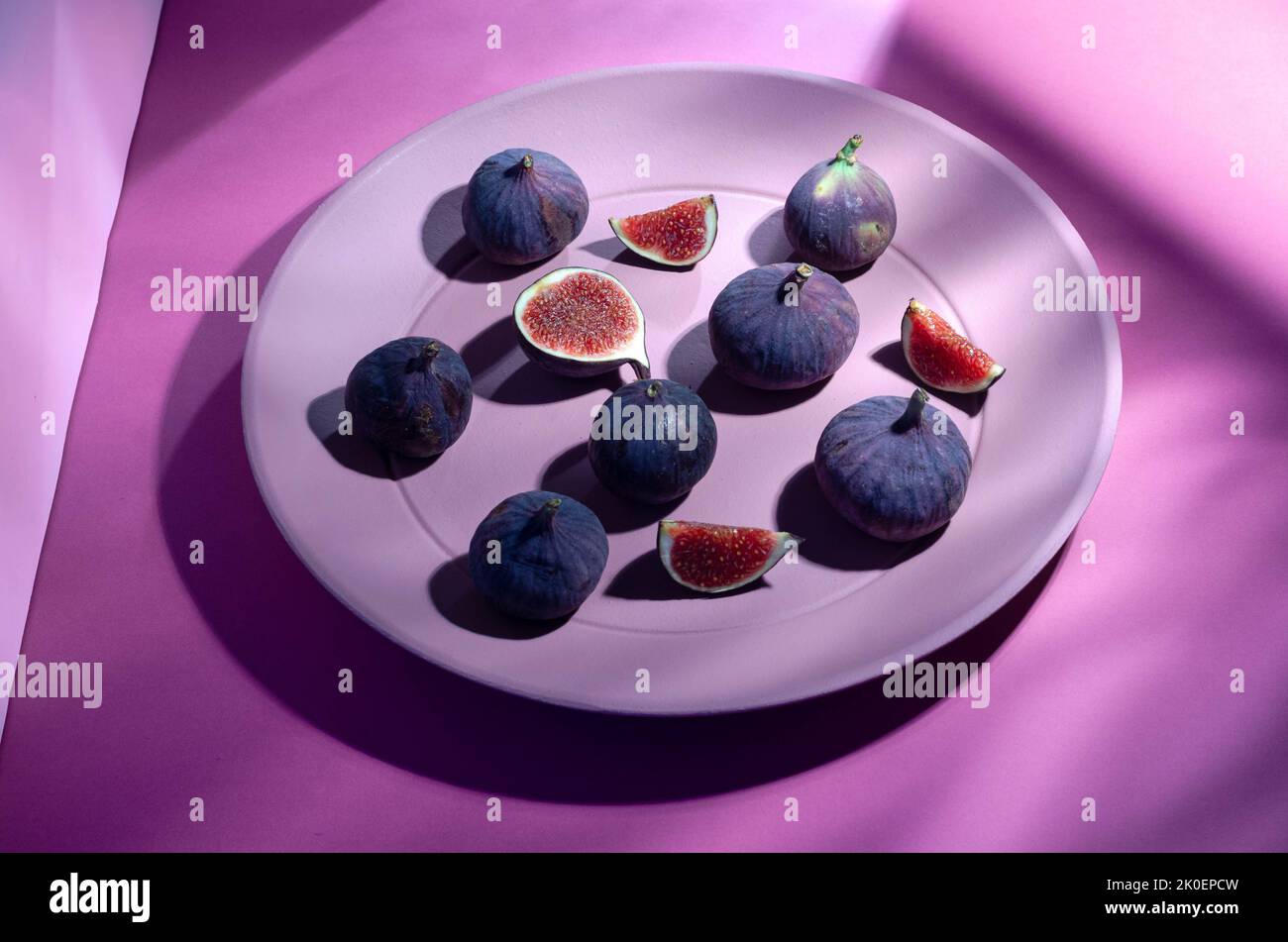 Fresh ripe figs in a plate. Healthy Mediterranean fig fruit. Copy space ...