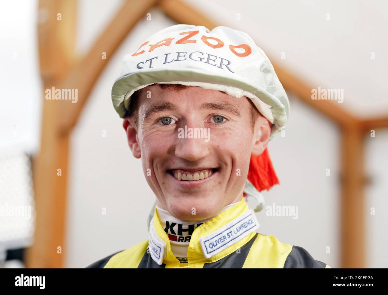 Davin Egan celebrates after winning the Cazoo St Leger Stakes with ...