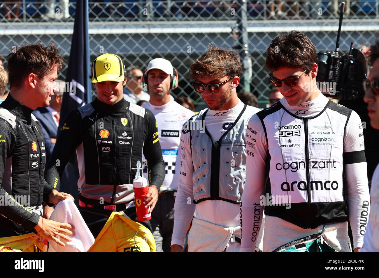 (L to R): Charles Leclerc (MON) Ferrari; Carlos Sainz Jr (ESP) Ferrari; Pierre Gasly (FRA ...