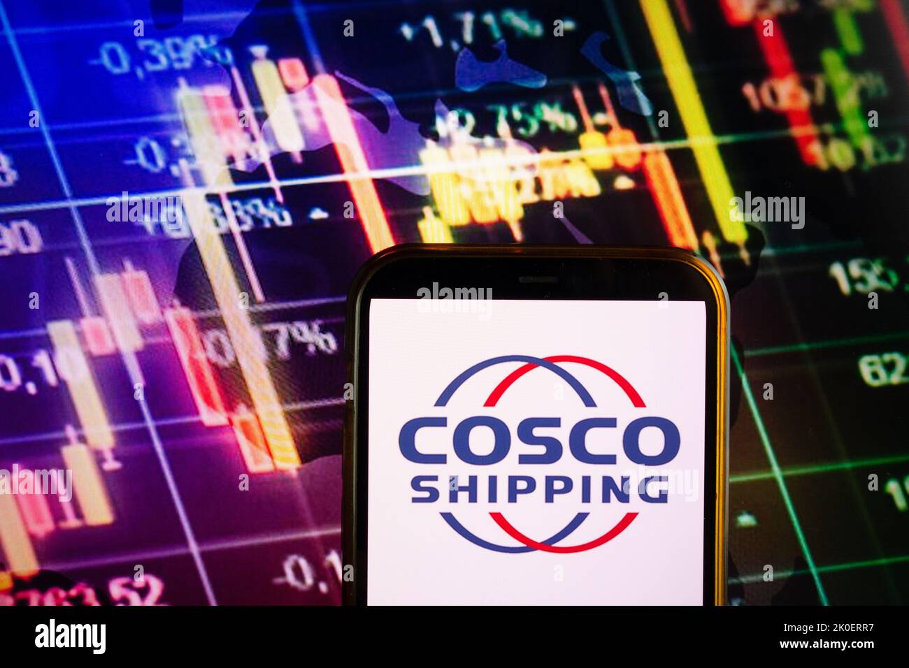 KONSKIE, POLAND - September 10, 2022: Smartphone displaying logo of COSCO Shipping company on ...