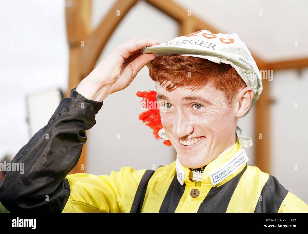 David Egan celebrates after winning the Cazoo St Leger Stakes with ...