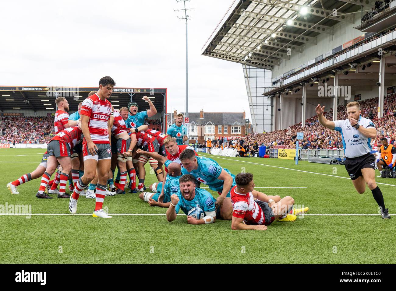 Alfie Barbeary of Wasps Rugby celebrates scoring a try, but it is ...