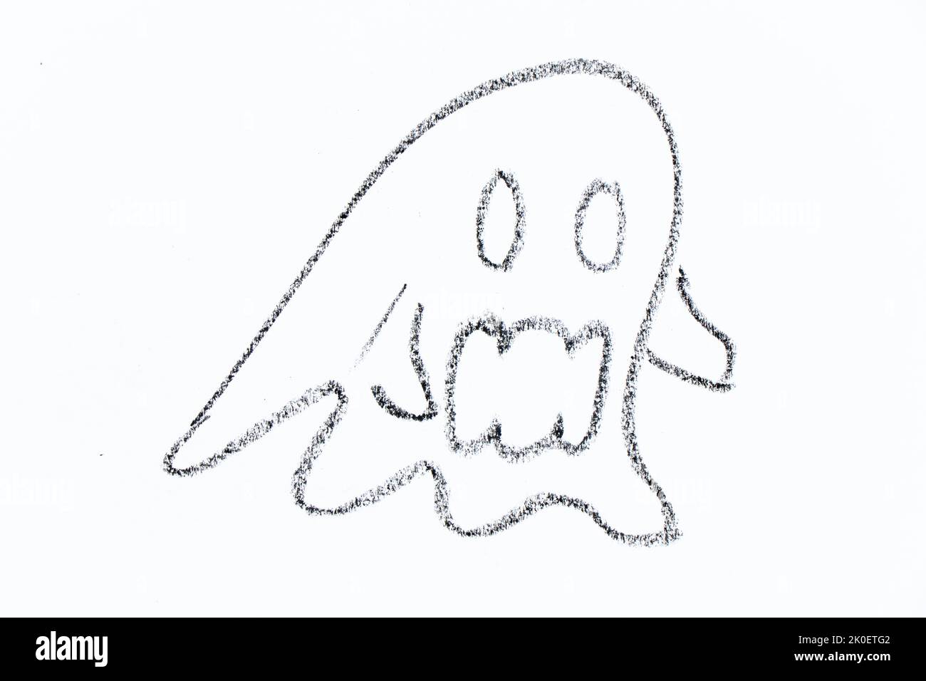 Black color oil pastel hand drawing in flying ghost shape on white ...