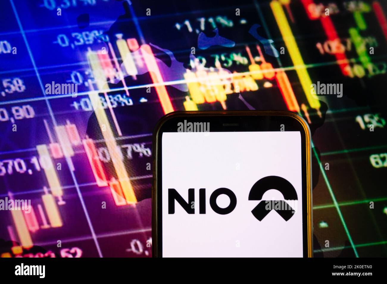 KONSKIE, POLAND - September 10, 2022: Smartphone displaying logo of NIO ...