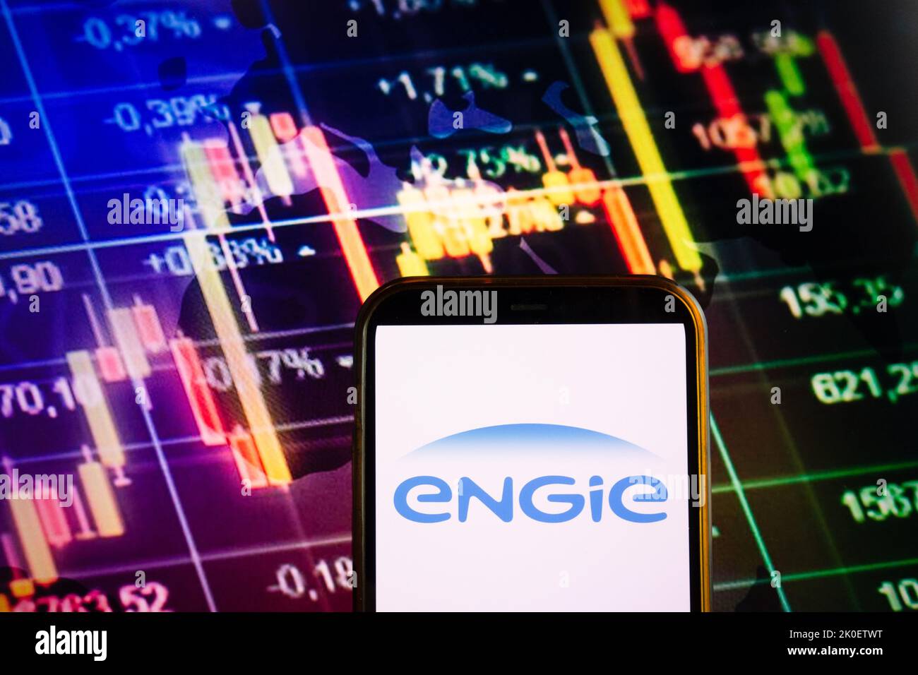 KONSKIE, POLAND - September 10, 2022: Smartphone displaying logo of Engie company on stock ...