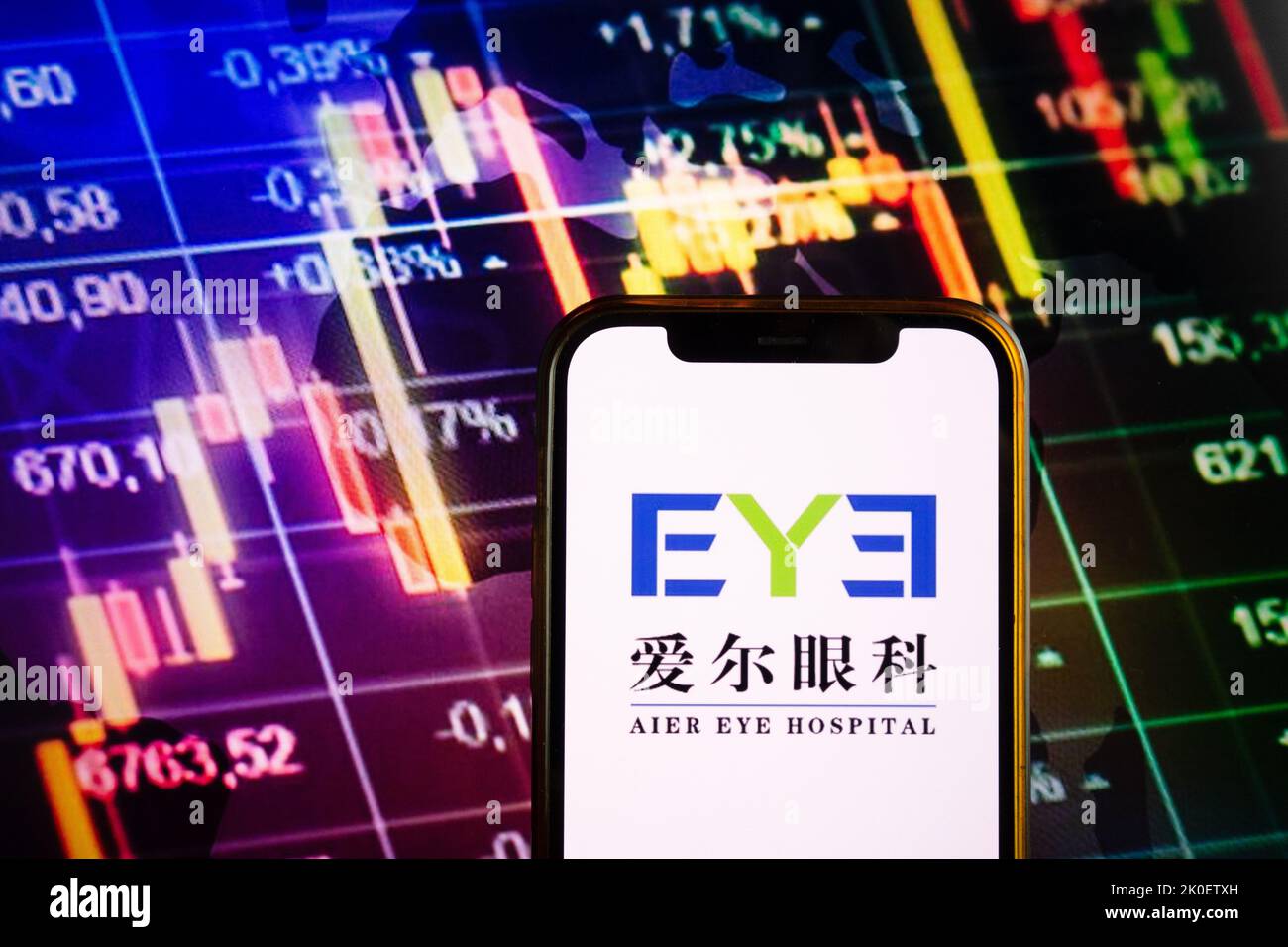 KONSKIE, POLAND - September 10, 2022: Smartphone displaying logo of AIER Eye Hospital company on ...