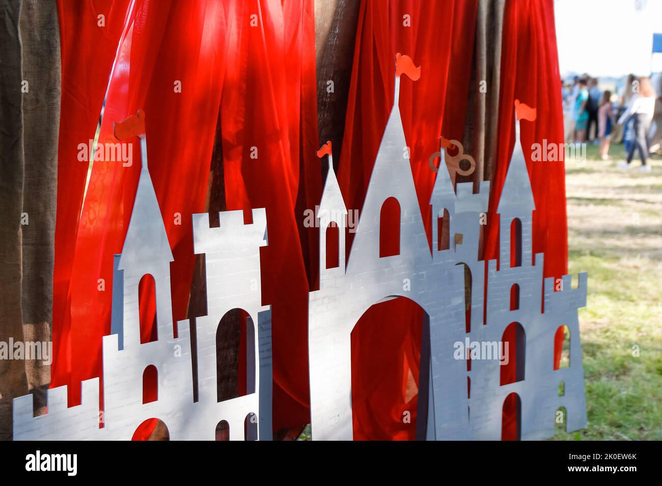 Defocus paper red castle outside. Photo of medieval decorations made of ...
