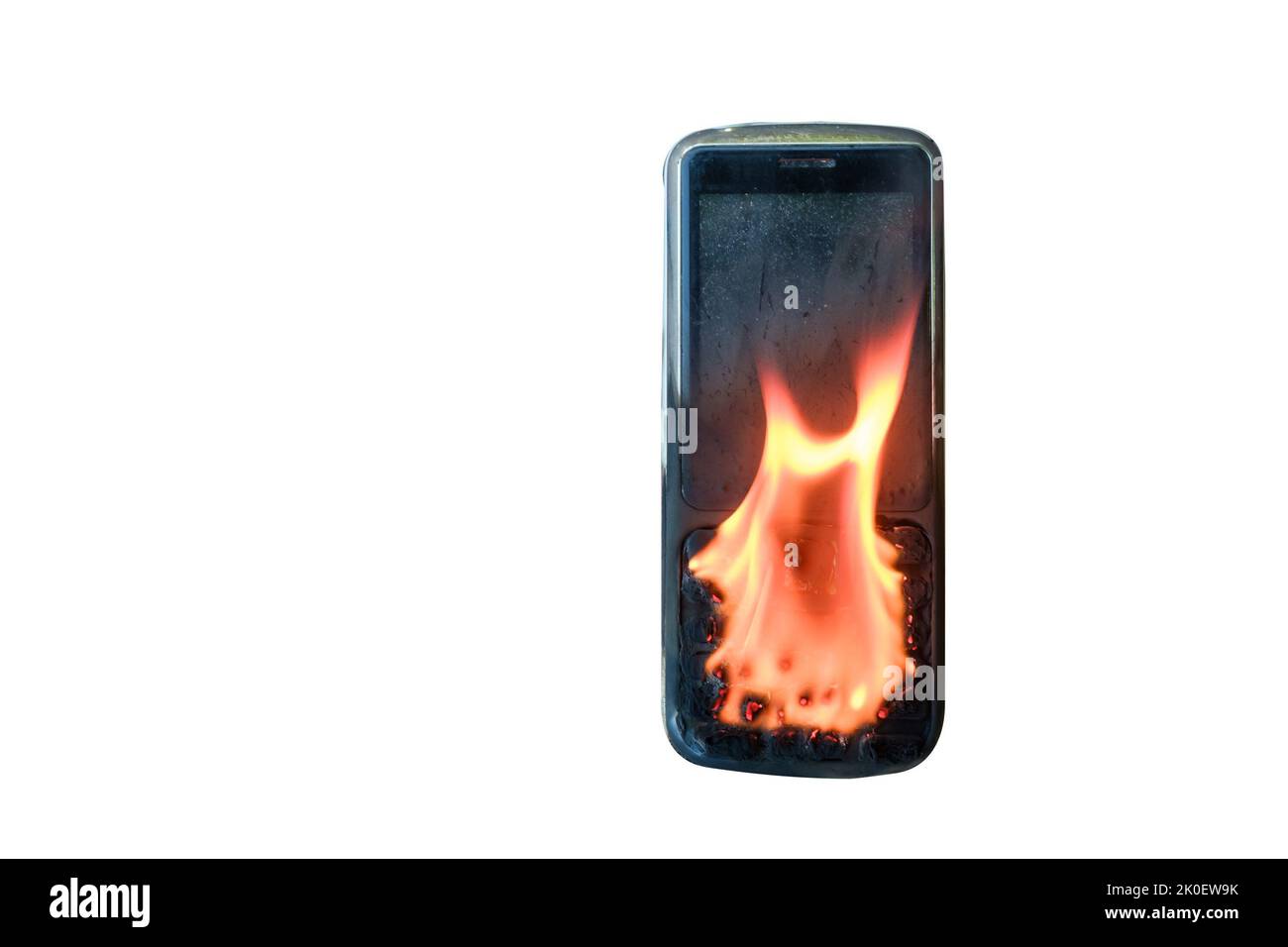 burning mobile phone isolated on white background Stock Photo - Alamy