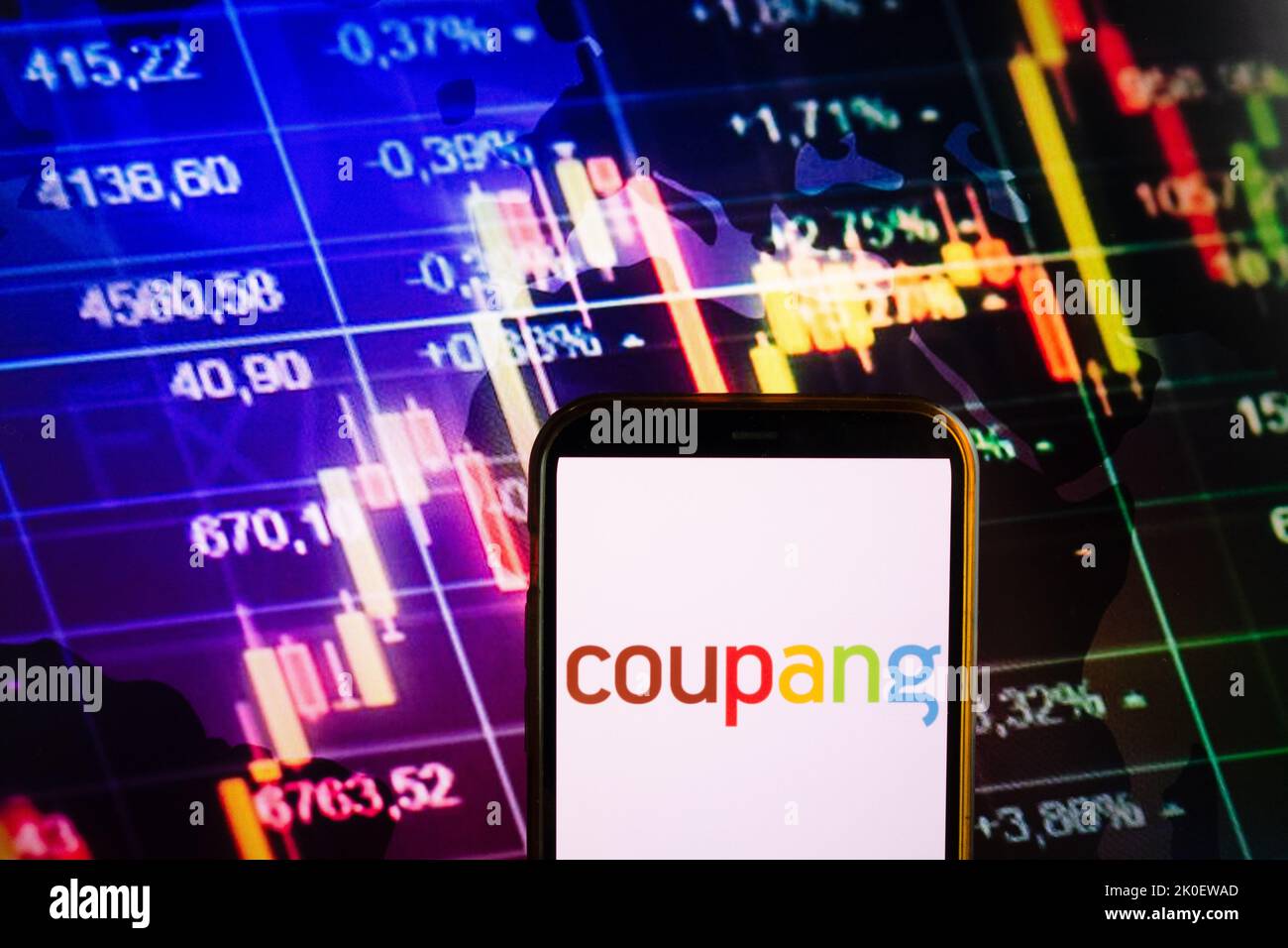 KONSKIE, POLAND - September 10, 2022: Smartphone displaying logo of Coupang company on stock ...