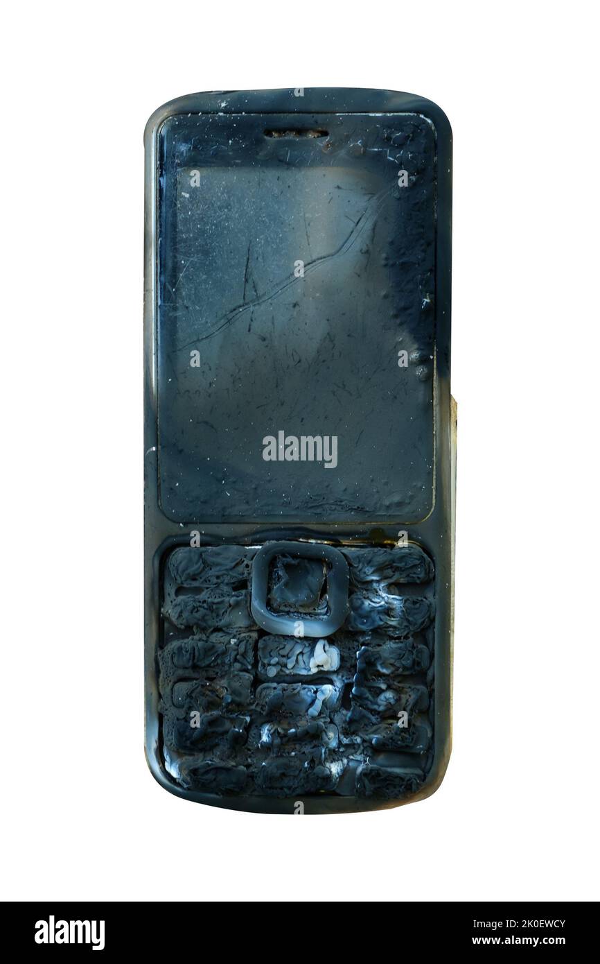 burnt mobile phone isolated on white background Stock Photo - Alamy