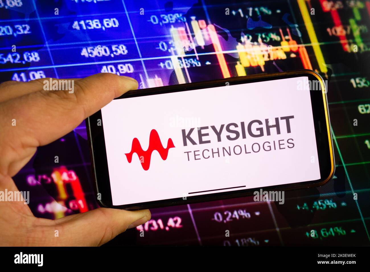 KONSKIE, POLAND - September 10, 2022: Smartphone displaying logo of Keysight company on stock ...
