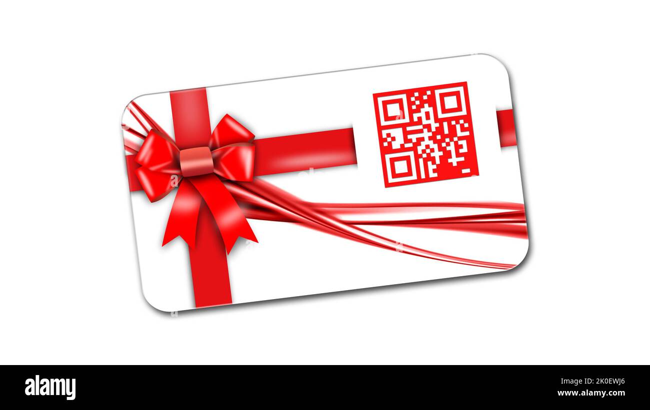 QR code on voucher card with red ribbon and bow isolated on white ...