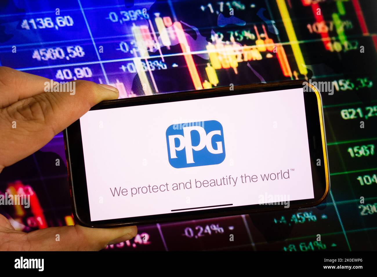 KONSKIE, POLAND - September 10, 2022: Smartphone displaying logo of PPG ...