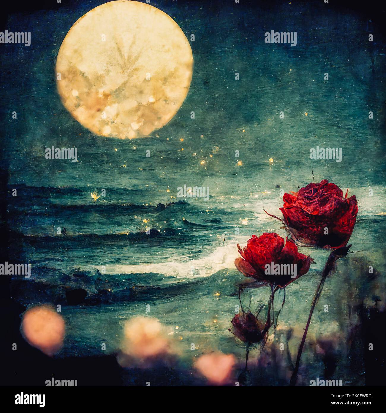 picture of beautiful red roses at full moon, sea scenery Stock Photo ...