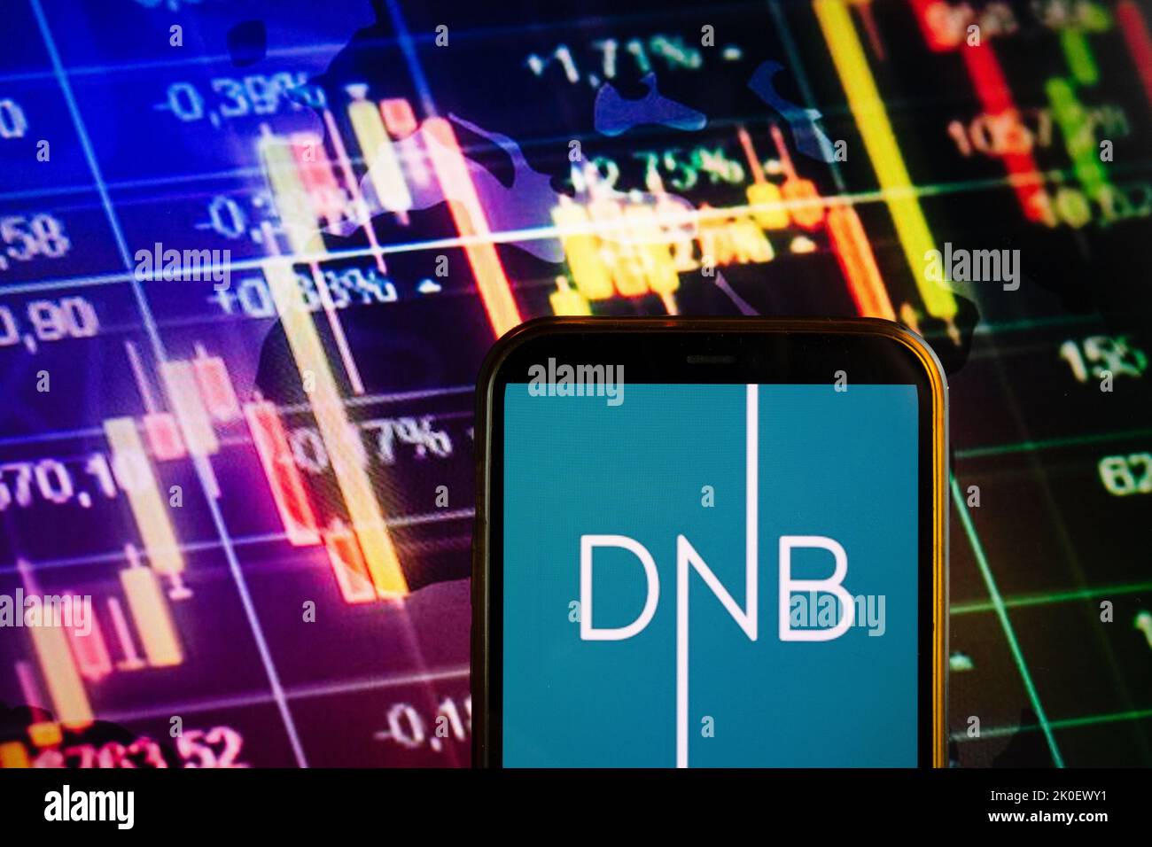 KONSKIE, POLAND - September 10, 2022: Smartphone displaying logo of DNB ...