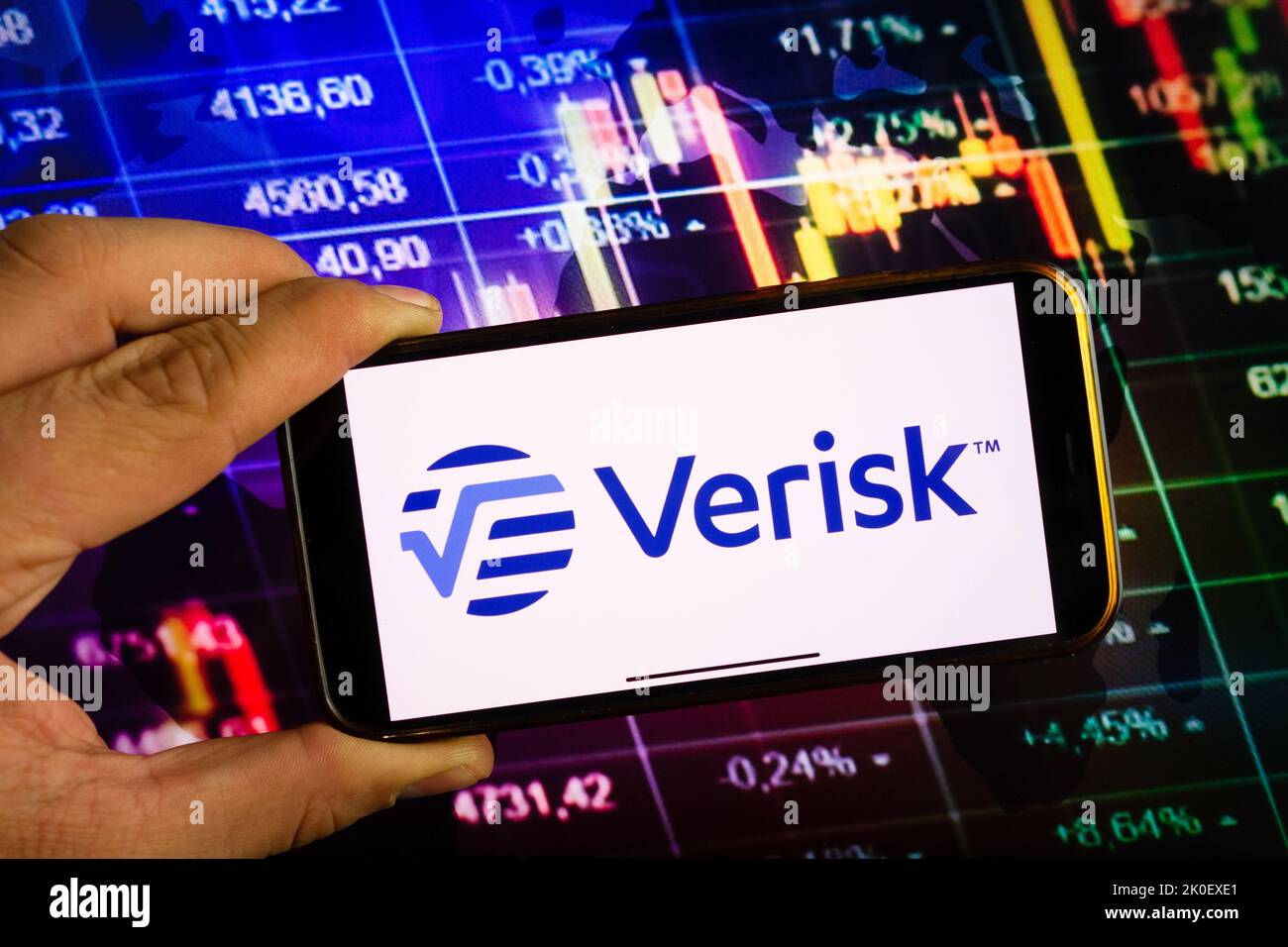 KONSKIE, POLAND - September 10, 2022: Smartphone displaying logo of Verisk Analytics company on ...