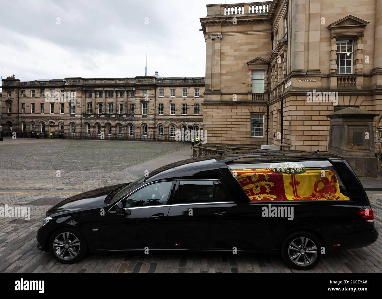 The hearse carrying the coffin of Queen Elizabeth II, draped with the ...