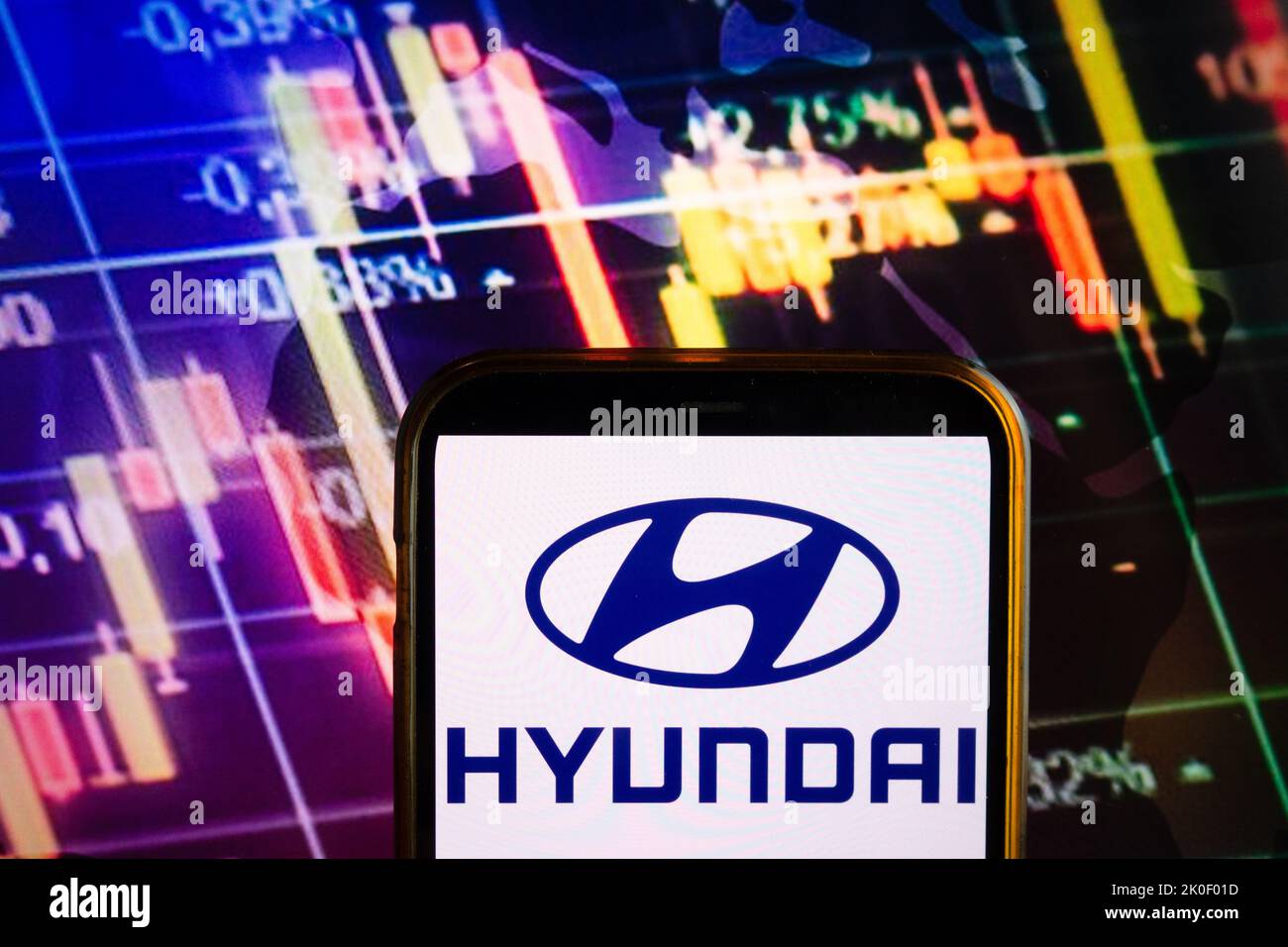 KONSKIE, POLAND - September 10, 2022: Smartphone displaying logo of Hyundai company on stock ...