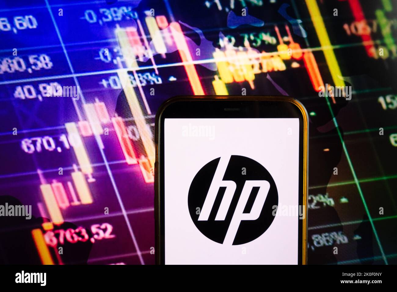 KONSKIE, POLAND - September 10, 2022: Smartphone displaying logo of HP company on stock exchange ...