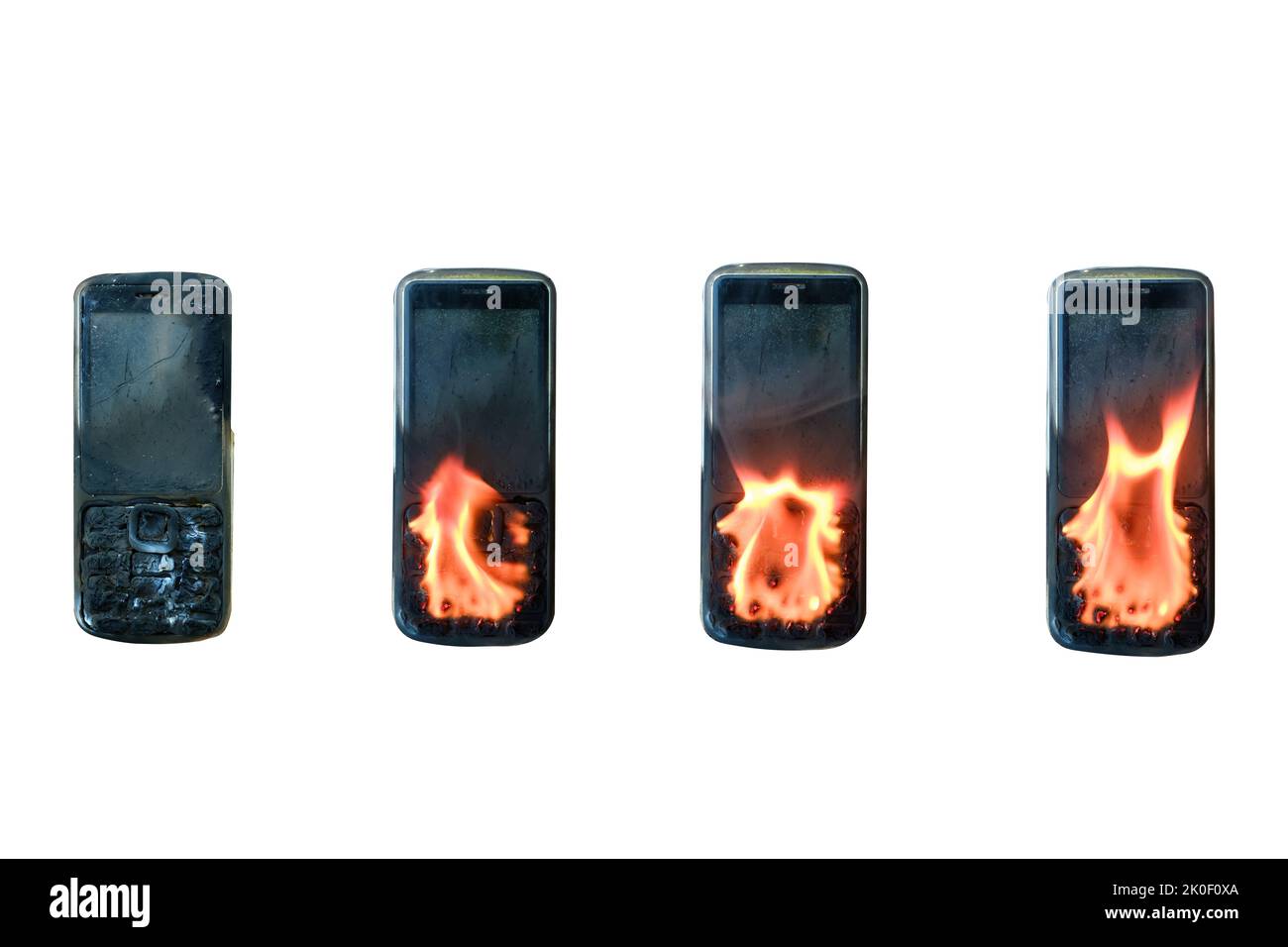 set of burning mobile phones isolated on white background Stock Photo ...