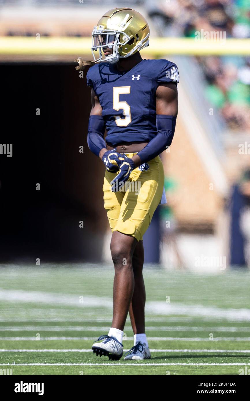 South Bend, Indiana, USA. 10th Sep, 2022. Notre Dame defensive back Cam Hart (5) during NCAA ...