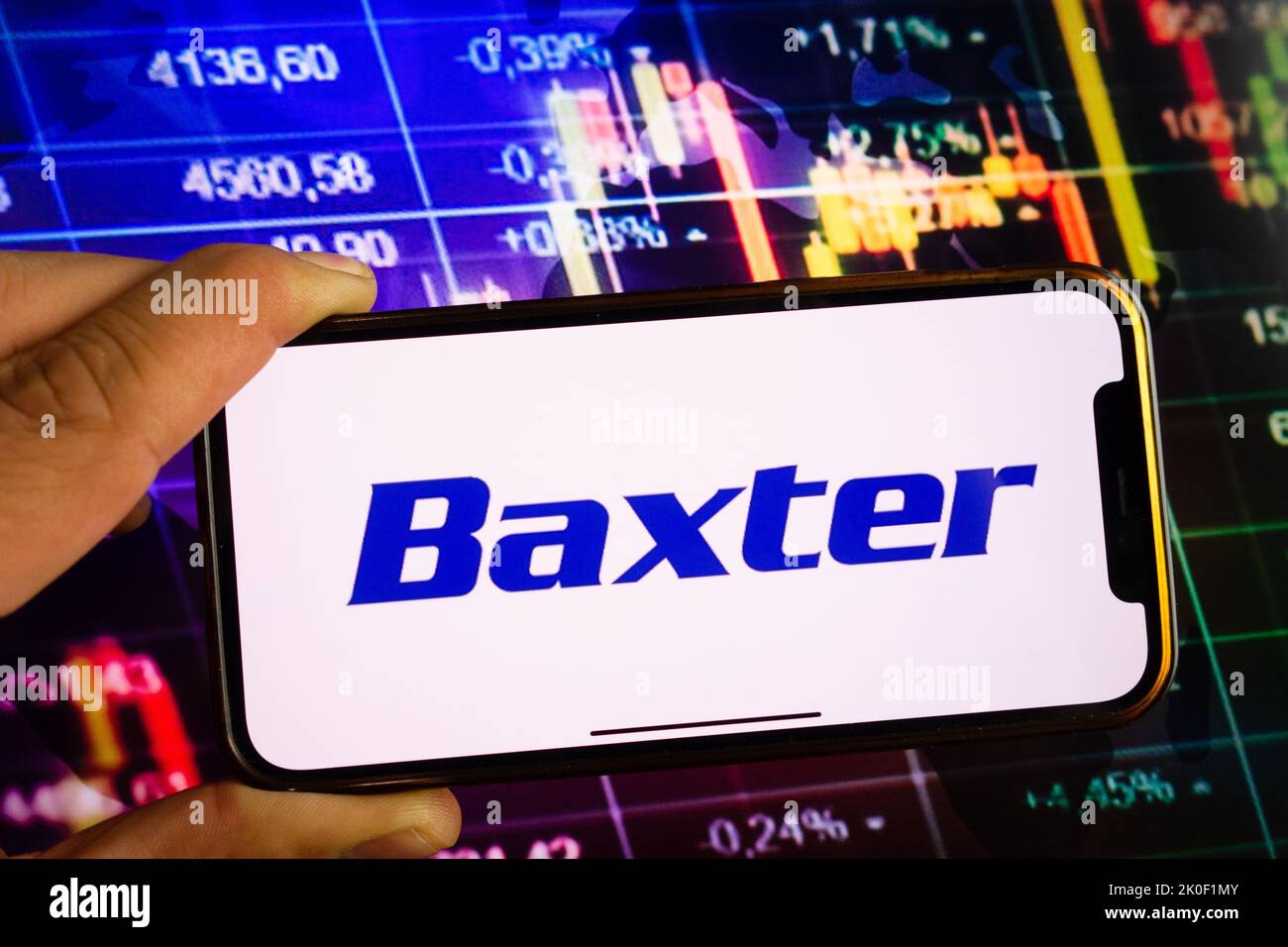 KONSKIE, POLAND - September 10, 2022: Smartphone displaying logo of Baxter company on stock ...