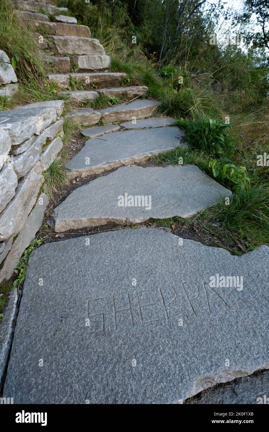 Sherpa-built stairs on a hiking trail in Lofoten, Norway Stock Photo ...
