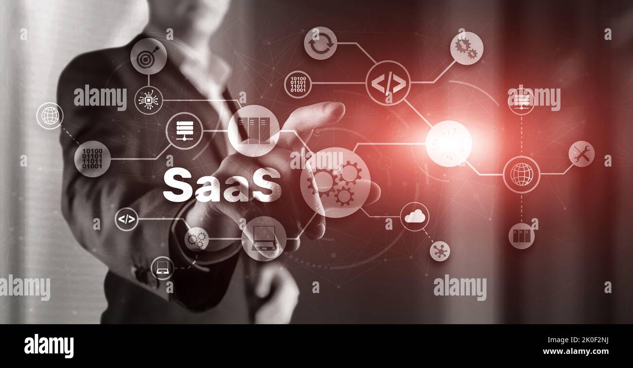 SaaS Software as a Service concept with man hand pressing text Stock Photo - Alamy