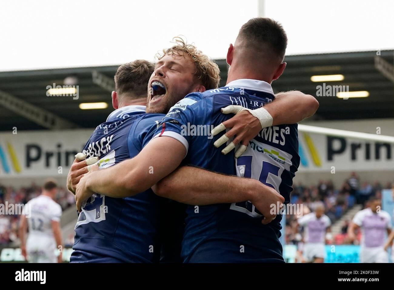 Sale Sharks Gus Warr celebrates Luke James try during the Gallagher ...