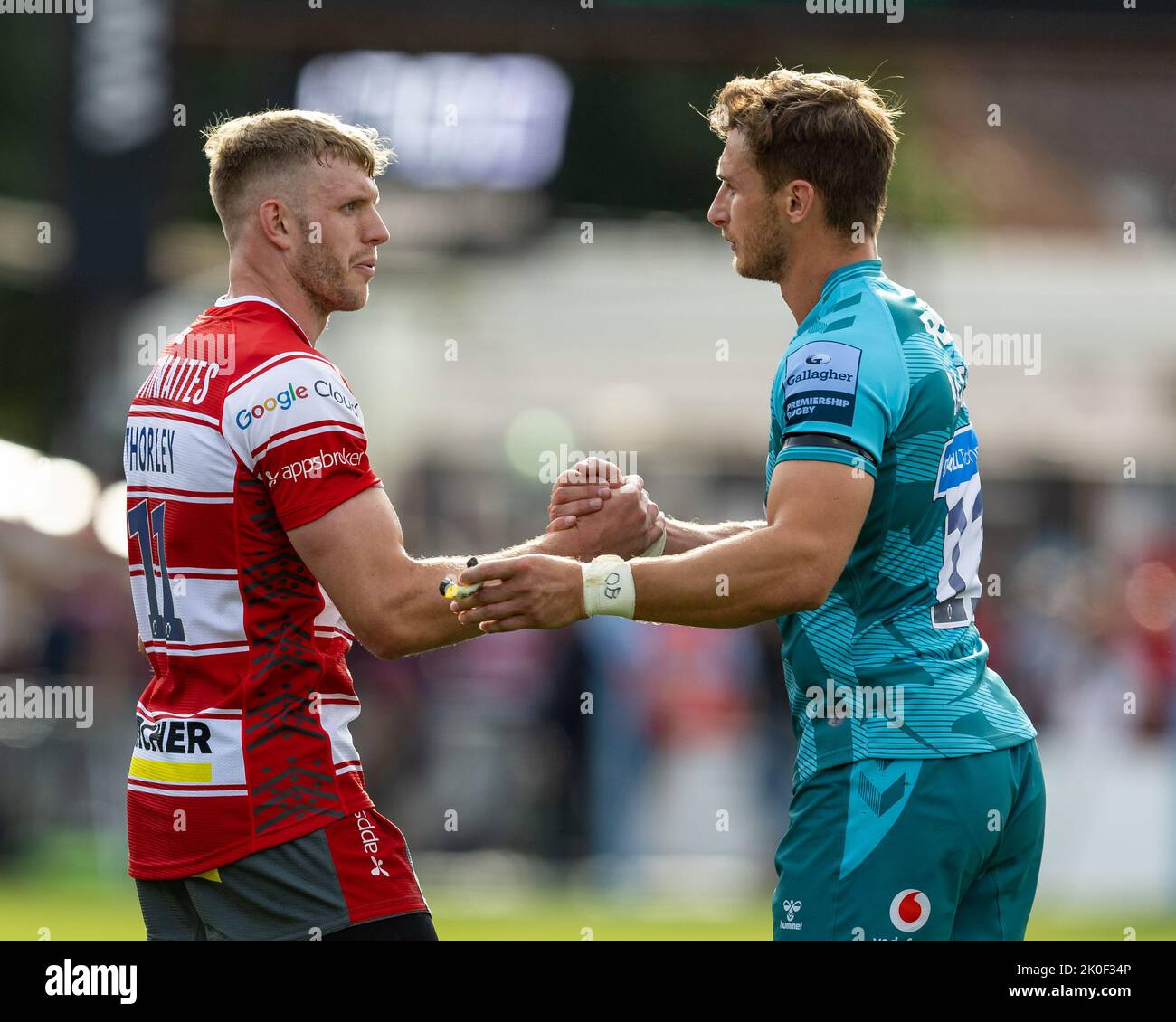Ollie Thorley of Gloucester Rugby consoles Josh Bassett of Wasps Rugby ...