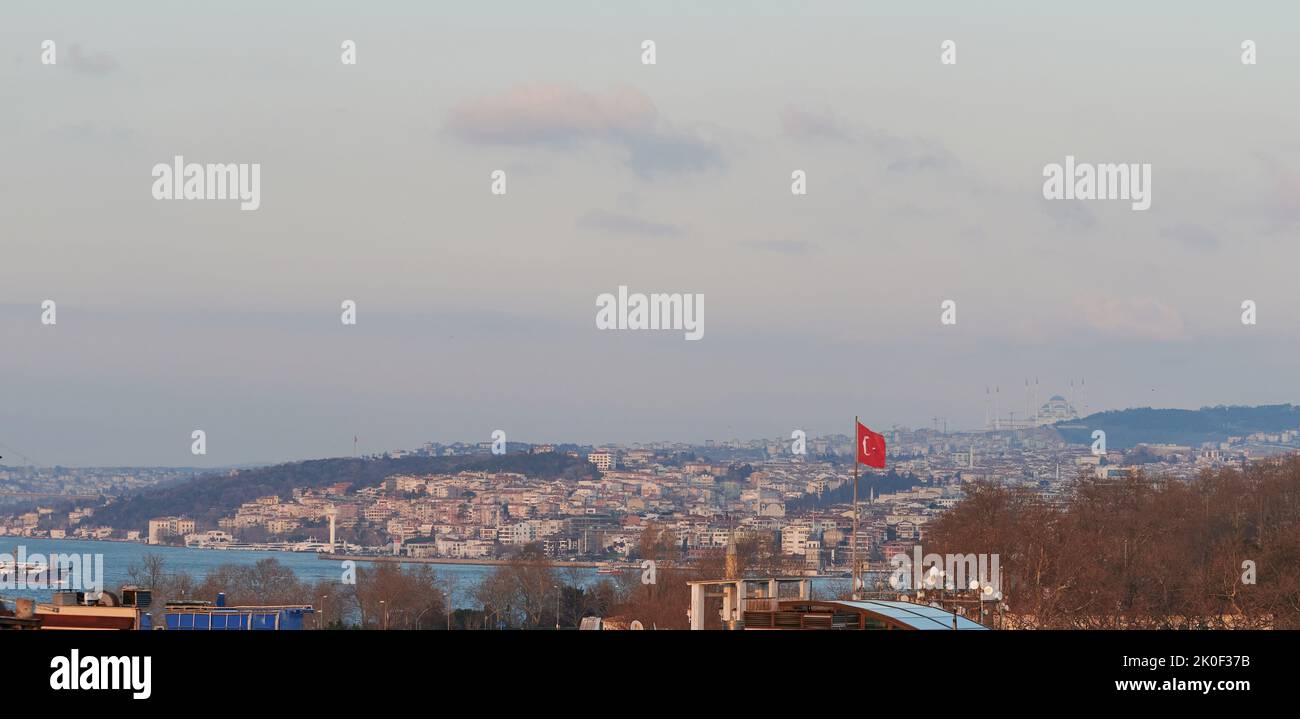 Turkish Istanbul landscape background with red flag Stock Photo - Alamy