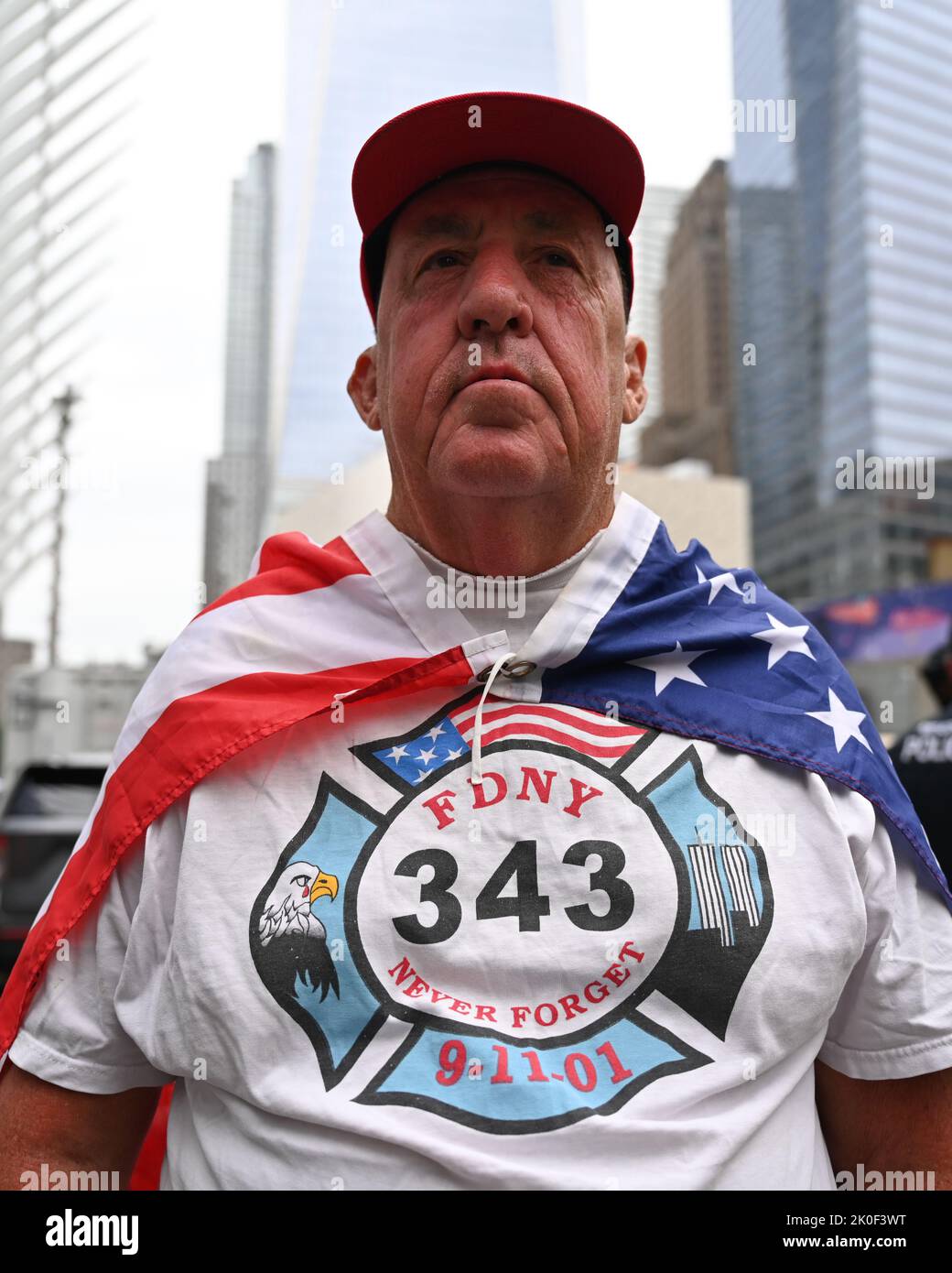 Bobby Amos wears an American flag outside the World Trade Center on ...
