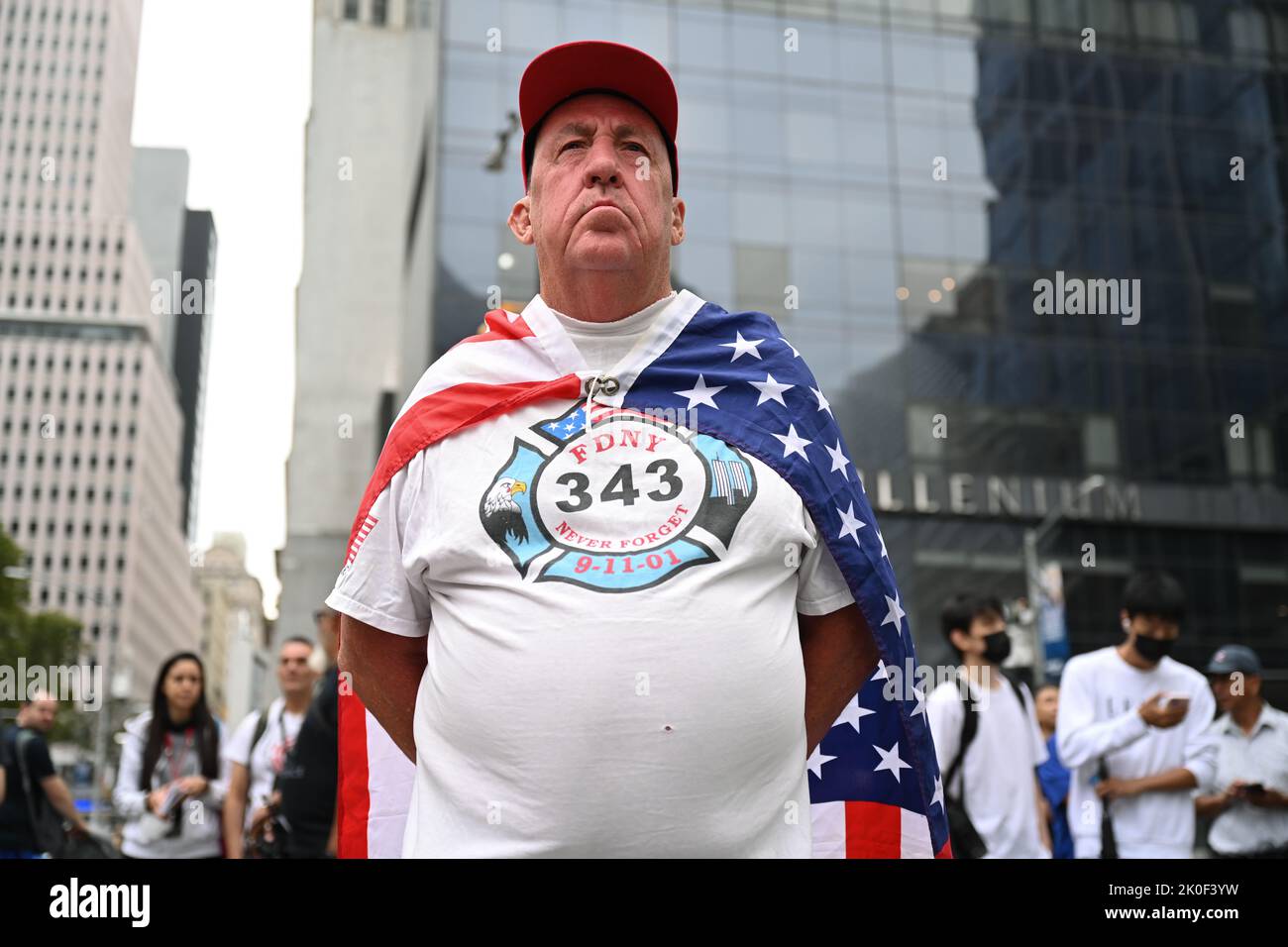Bobby Amos wears an American flag outside the World Trade Center on ...