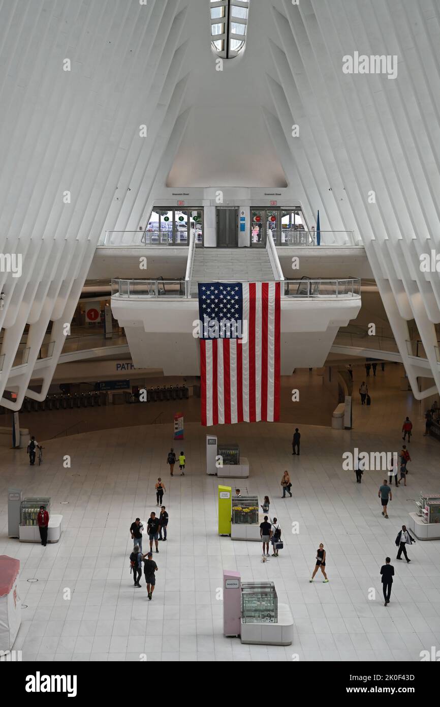 A large American flag hangs inside the Oculus on September 11, 2022 in ...