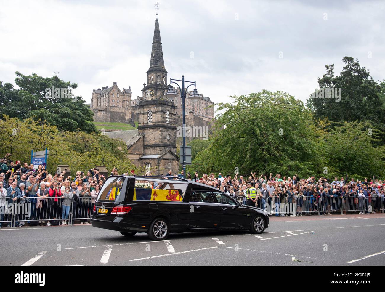 The hearse carrying the coffin of Queen Elizabeth II, draped with the ...